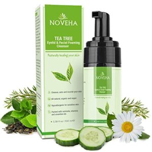 noveha tea tree oil foaming cleanser | therapeutic daily skincare for eyelash & lids, mgd, eye irritations, stye eyes, skin dryness, moisturize with organic ingredients, for all skin types 3.38 fl oz