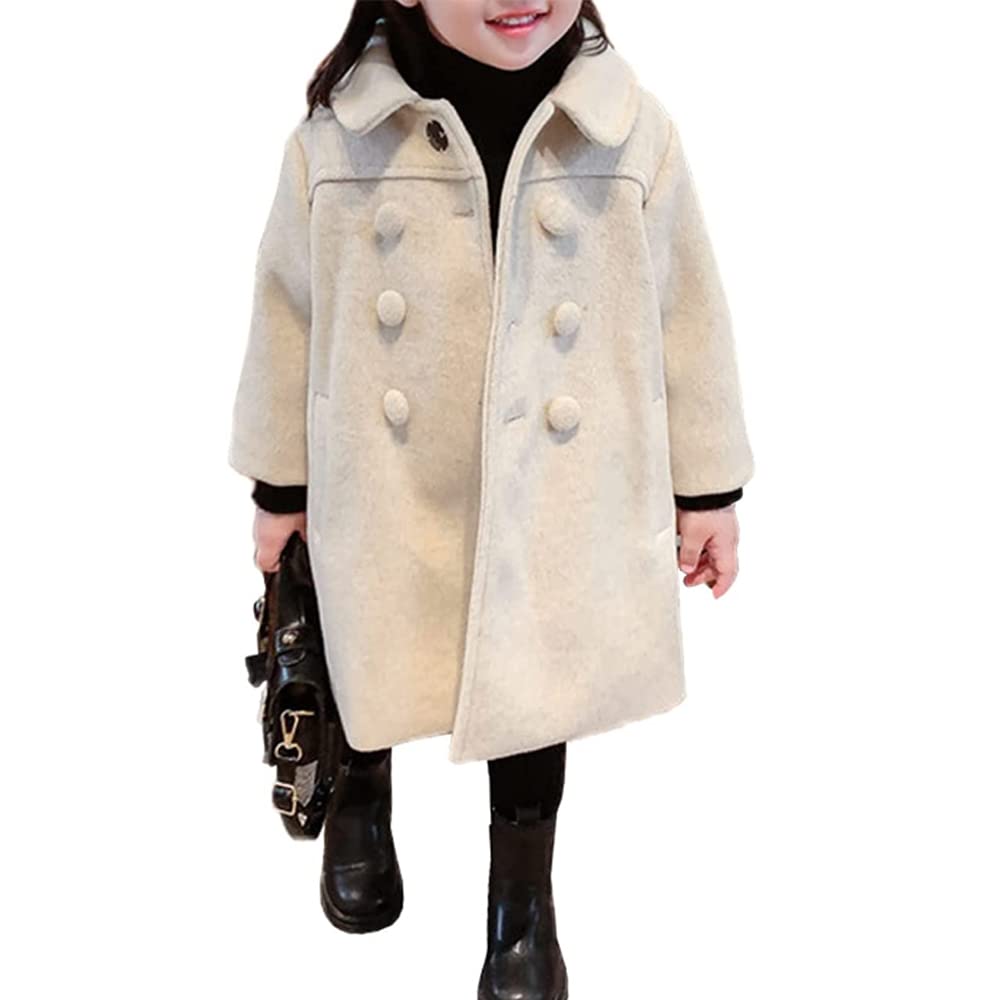 GLIGLITTR Toddler Baby Girl Winter Coat Dress Coat Warm Jacket Long Sleeve Button Trench Coat Kids Peacoat Outwear Clothes(4-5T, Beige)