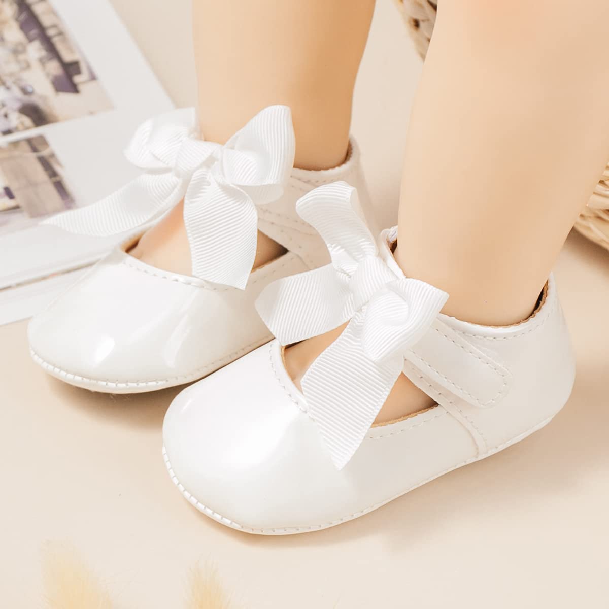 Bellocasa Baby Mary Jane Flats for Girls with Bowknot Cotton Anti Skid Sole Infant First Walker Princess Dress Crib Wedding Shoes(JY1978 White,2)