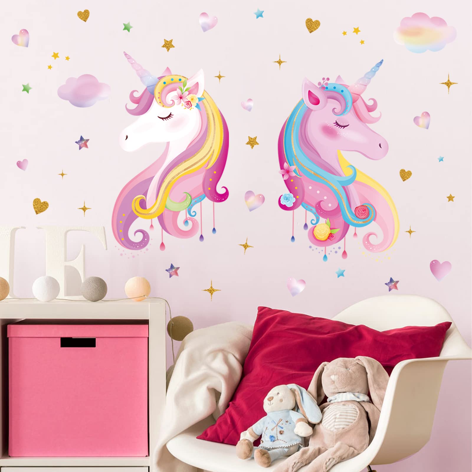 wondever Unicorn Wall Stickers Pink Animals Dot Heart Peel and Stick Wall Art Decals for Girls Birthday Party Baby Nursery