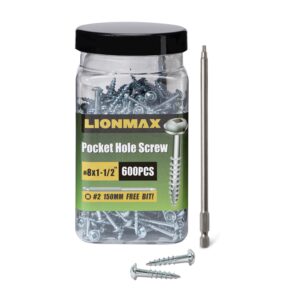 lionmax #8 x 1-1/2" pocket hole screws, 600pcs wood screws square drive, coarse thread, washer head, self tapping, zinc plated, for pocket hole jig, 150mm drive bit included