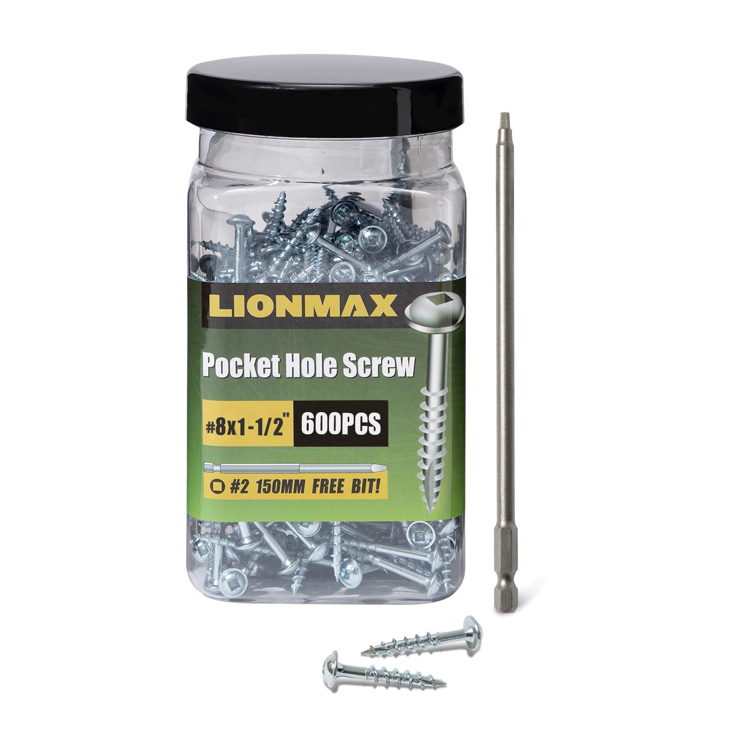 LIONMAX #8 x 1-1/2" Pocket Hole Screws, 600PCS Wood Screws Square Drive, Coarse Thread, Washer Head, Self Tapping, Zinc Plated, for Pocket Hole Jig, 150MM Drive Bit Included