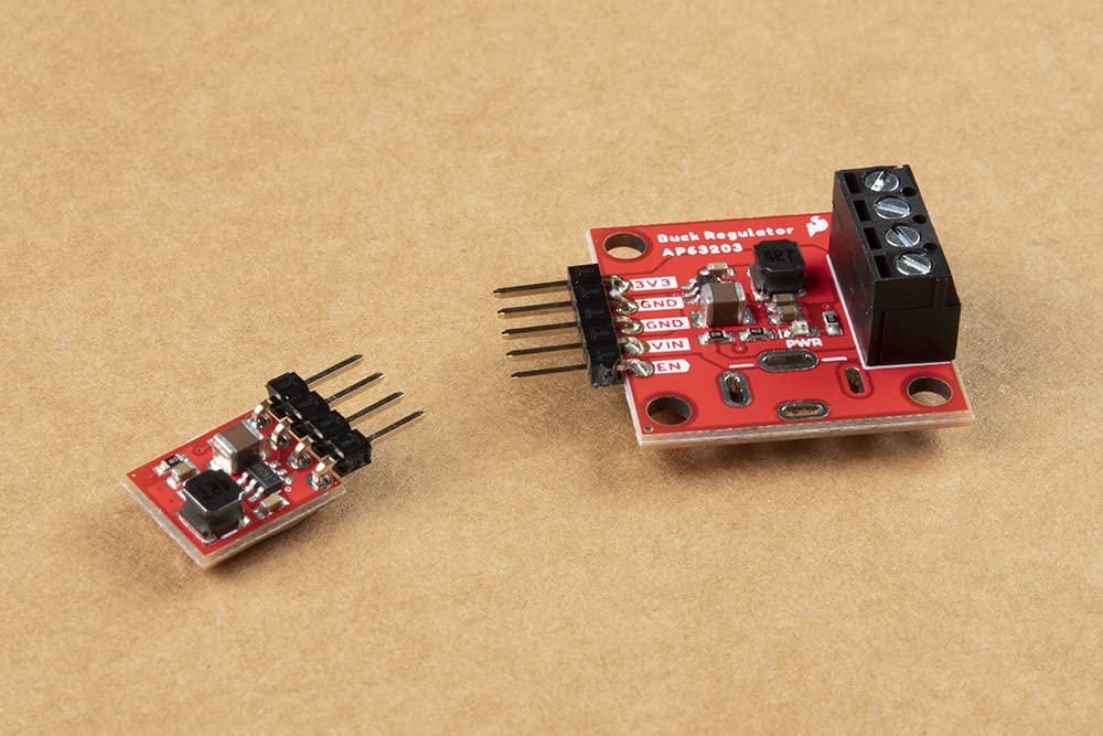 SparkFun BabyBuck Regulator Breakout-3.3V (AP63203)- Regulate power- 2A synchronous buck converter- wide input 3.8V-32V- high-efficiency step-down DC/DC conversion- low profile 0.4in x 0.5in footprint