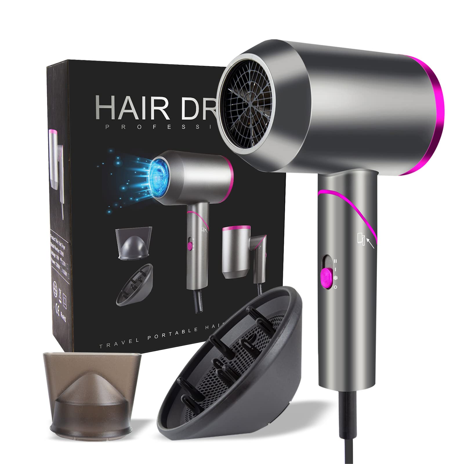 RUCHA Diffuser Hair Dryer, 1600W Compact Travel Hair Dryer Folding Handle, Ionic Blow Dryer Mini Reduce Frizz Without Damaging Hair