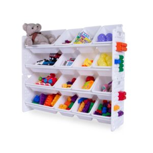 uniplay toy organizer with 16 removable storage bins, multi-bin organizer for books, building blocks, school materials, toys with baseplate board frame (white)