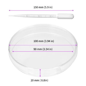 JEUIHAU 50 Pack Plastic Petri Dishes with Lids, 90mm Dia x 15mm Clear Petri Dishes with 100 Pcs 3ML Plastic Transfer Pipettes for Laboratory, Experimental Lesson, Sterile Culture