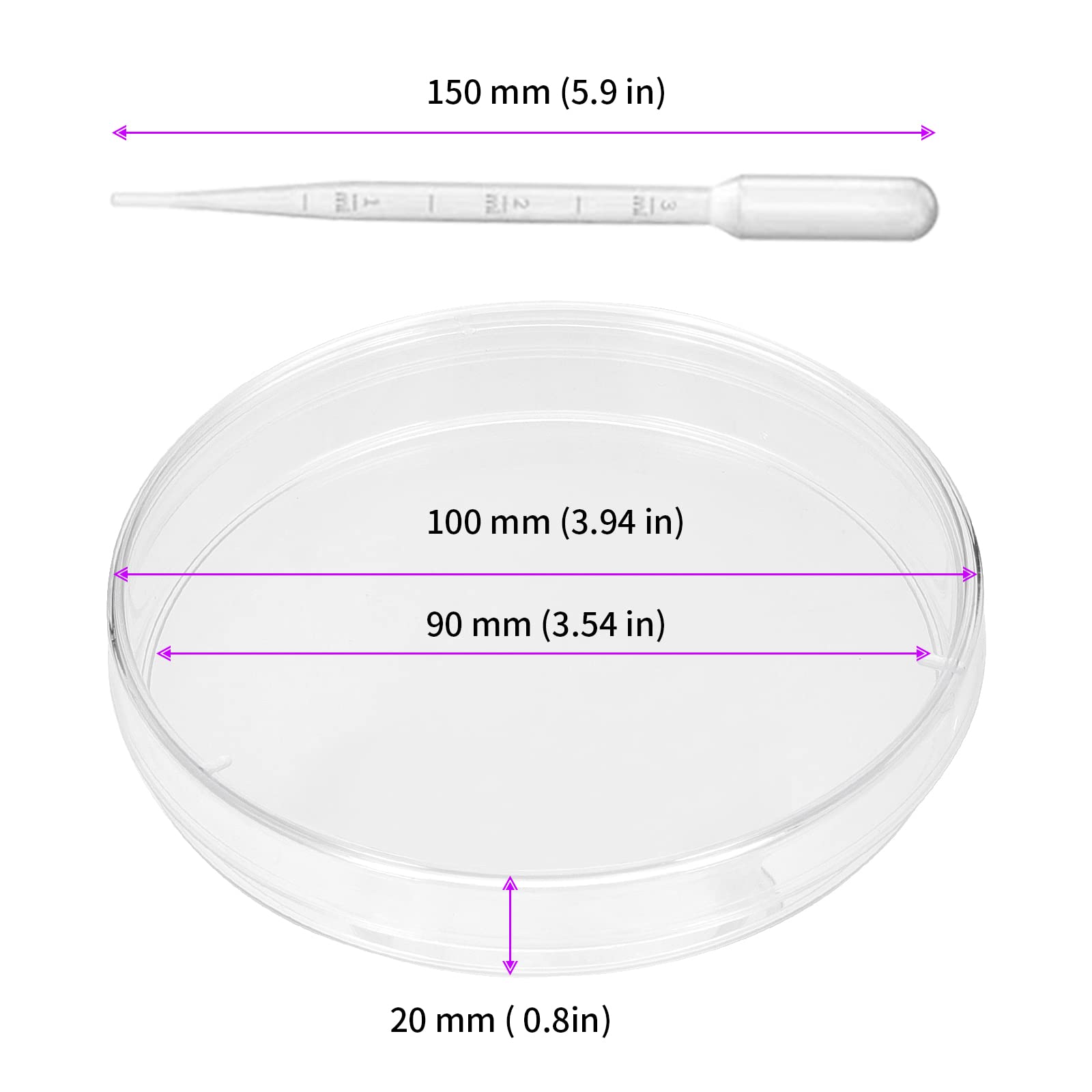 JEUIHAU 50 Pack Plastic Petri Dishes with Lids, 90mm Dia x 15mm Clear Petri Dishes with 100 Pcs 3ML Plastic Transfer Pipettes for Laboratory, Experimental Lesson, Sterile Culture