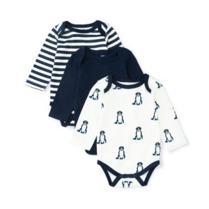 monica + andy 3 pack long sleeve baby bodysuit bundle - unisex boys & girls gots certified organic cotton infant snapsuit - snap up sleep & play shirts (12-18 months, navy)