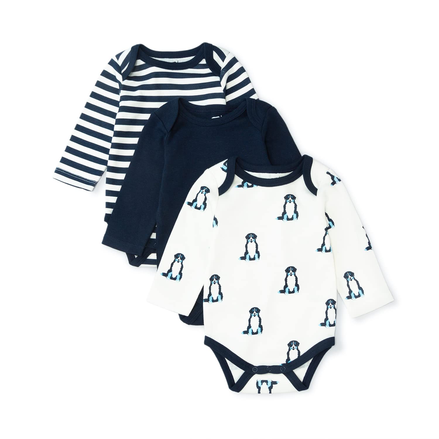 MONICA + ANDY 3 Pack Long Sleeve Baby Bodysuit Bundle - Unisex Boys & Girls GOTS Certified Organic Cotton Infant Snapsuit - Snap Up Sleep & Play Shirts (12-18 Months, Navy)