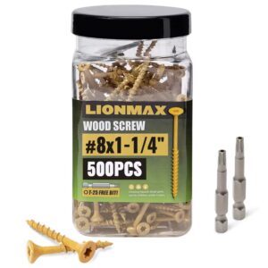 lionmax deck screws 1-1/4 inch, wood screws #8 x 1-1/4", 500 pcs, rust resistant, exterior epoxy coated, outdoor decking screws, torx/star drive head screw, t25 star bit included, tan