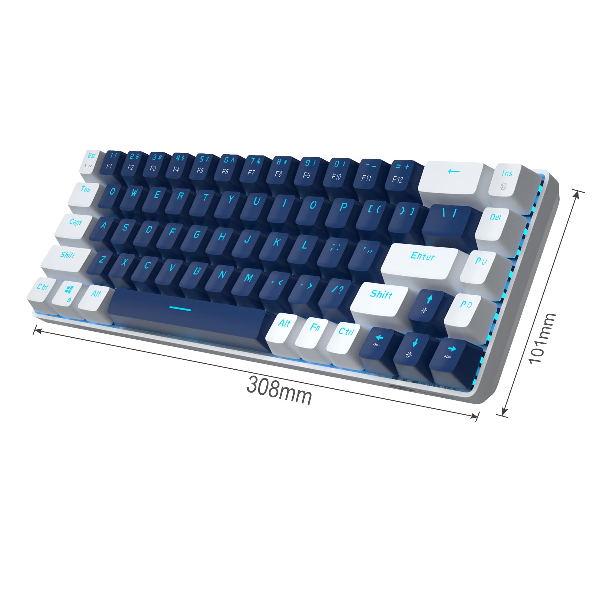 Camiysn 60 Percent Mechanical Keyboard, Compact 68 Keys Anti-ghosting with Blue Switch, Ice Blue Backlit, Detachable Type-C Keyboard for PC Gamer Windows Laptop Mac, White & Blue