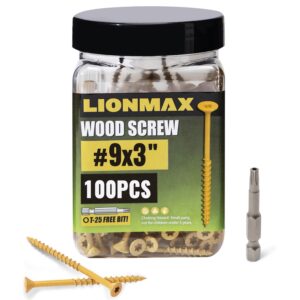 lionmax deck screws 3 inch, wood screws #9 x 3, 100 pcs, rust resistant, exterior epoxy coated, outdoor decking screws, torx/star drive head deck screw, t25 star bit included, tan