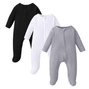 opawo newborn baby footed romper with mitten cuffs blank cotton onesie double zipper jumpsuit for boys girls 0-6 months(zipper/black/white/gray,0-3months)