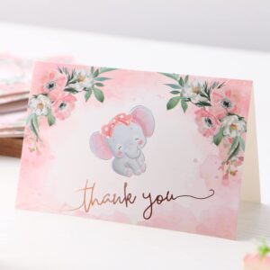 Heavy Duty Baby Shower Cards Girl - 36 Pk - Elephant Cute Thank You Cards with Envelopes Birthday Thank You Notes Pink Floral Watercolor Baby Girls