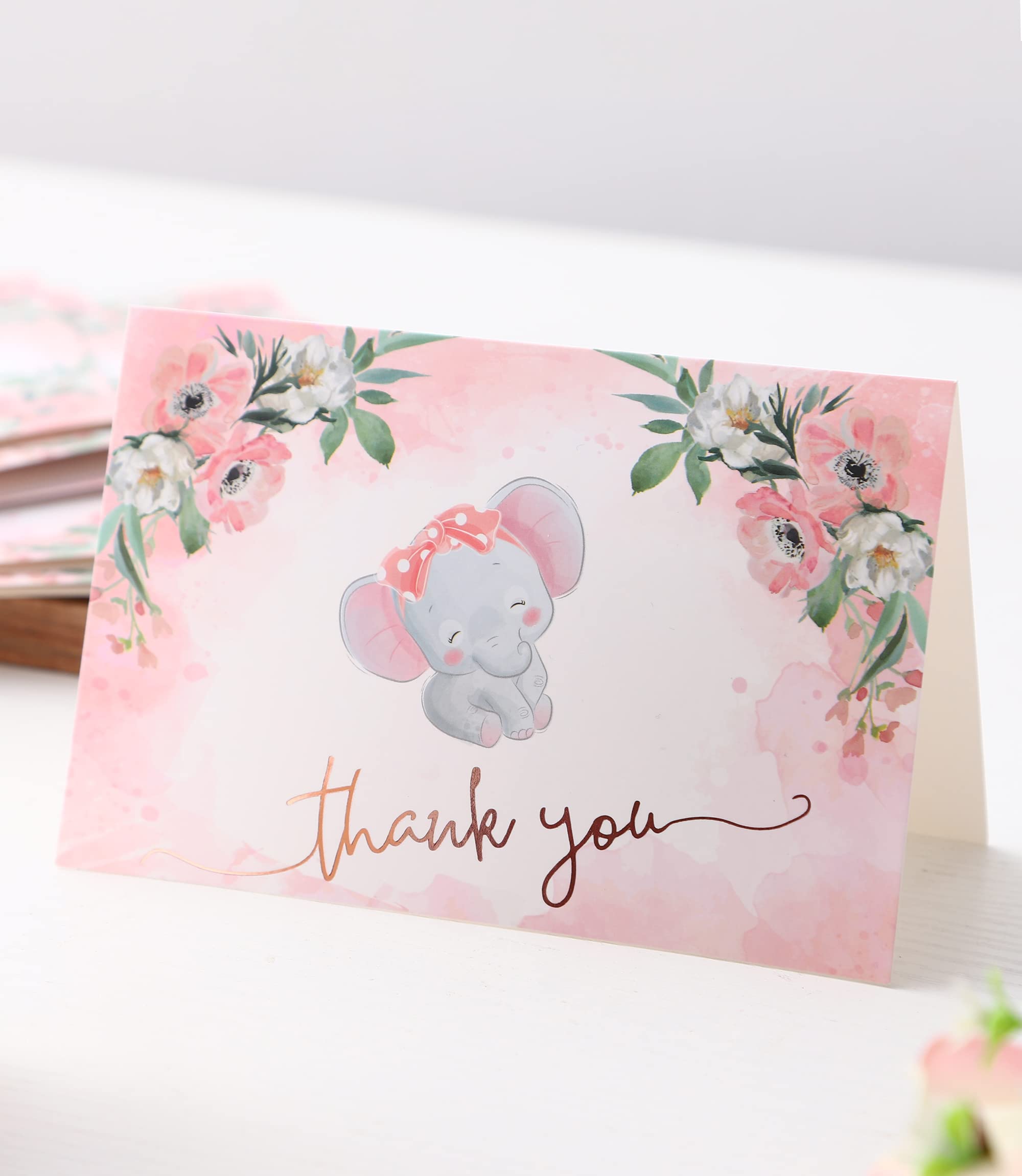 Heavy Duty Baby Shower Cards Girl - 36 Pk - Elephant Cute Thank You Cards with Envelopes Birthday Thank You Notes Pink Floral Watercolor Baby Girls