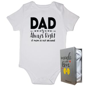 in a gift box, new, funny daddy baby onesie for boy, girl, infant, 1st time father birthday, dad is always right cute bodysuit, gender neutral clothes