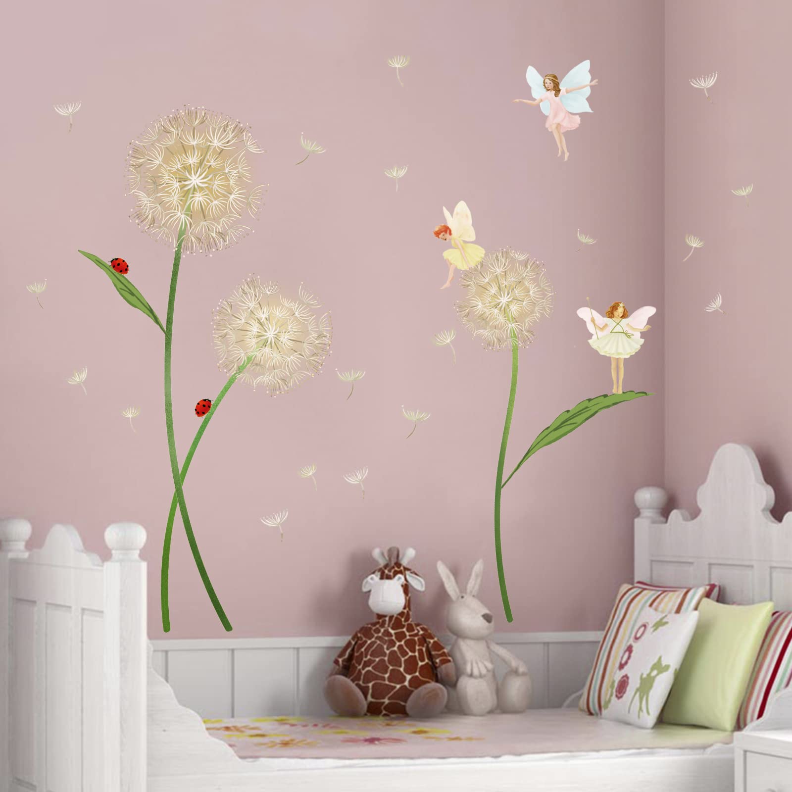 wondever Fairy Dandelion Wall Stickers Elf Fairy Peel and Stick Wall Art Decals for Baby Nursery Girls Bedroom Playroom