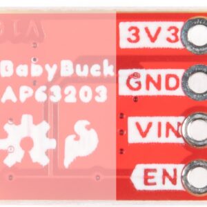 SparkFun BabyBuck Regulator Breakout-3.3V (AP63203)- Regulate power- 2A synchronous buck converter- wide input 3.8V-32V- high-efficiency step-down DC/DC conversion- low profile 0.4in x 0.5in footprint