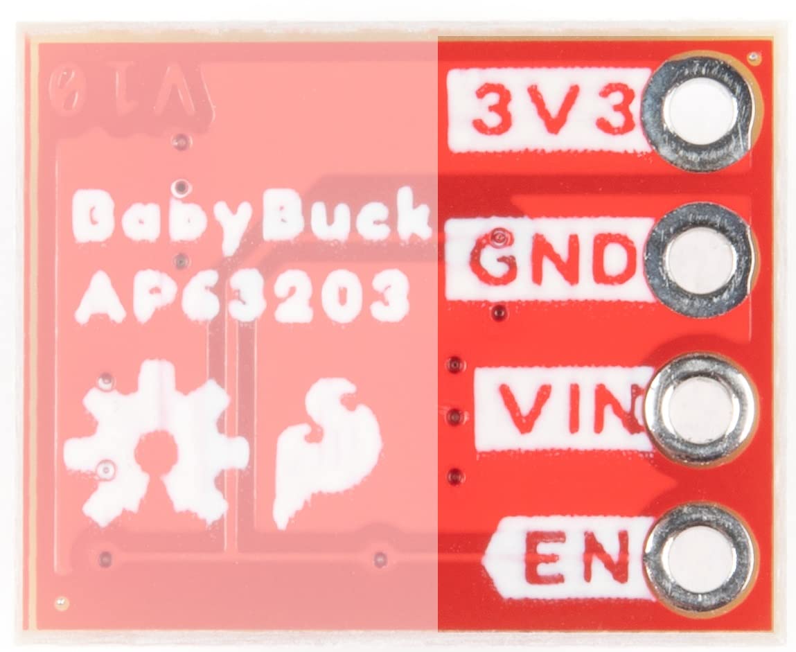 SparkFun BabyBuck Regulator Breakout-3.3V (AP63203)- Regulate power- 2A synchronous buck converter- wide input 3.8V-32V- high-efficiency step-down DC/DC conversion- low profile 0.4in x 0.5in footprint