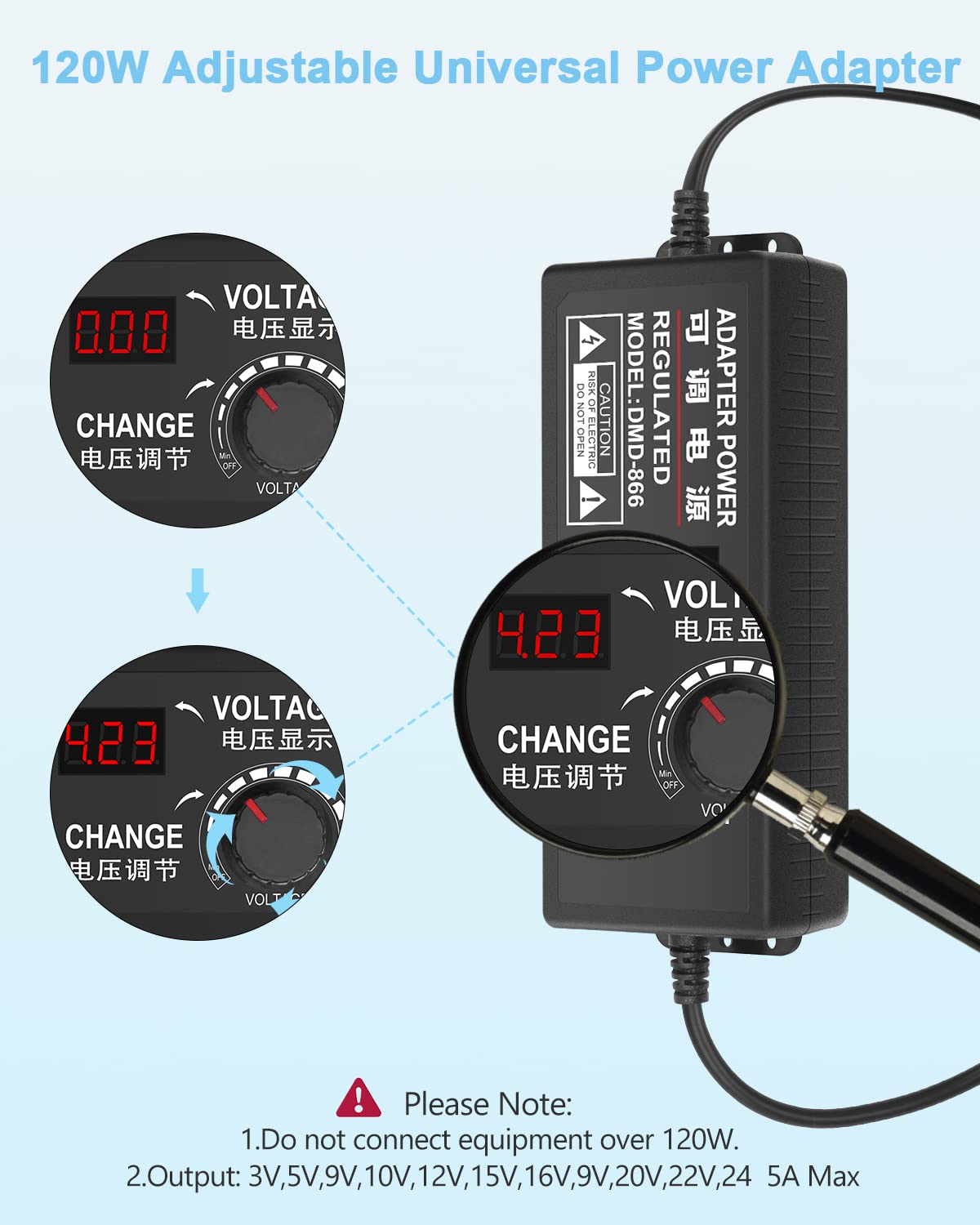 Aclorol Universal Power Supply 4V-24V 5A 120W Adjustable AC/DC Power Adapter 100-240V AC to DC 24V 19V 12V 5V 9V 6V 5A 4A Mulit-Voltage Variable Switching Converter with Polarity Converter & 14 Tips