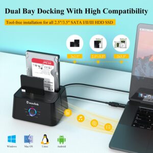 wavlink dual bay hard drive docking station, usb 3.0 to sata hard drive dock for 2.5/3.5 inch hdd/ssd with offline clone function, usb a to usb c converter, support uasp and 2x16tb with power adapter