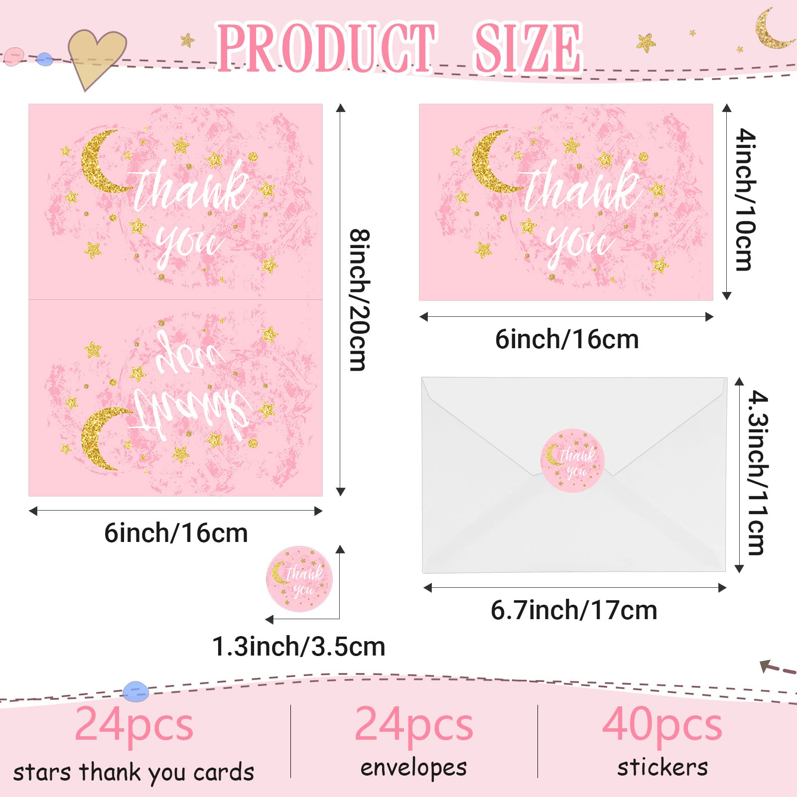 24 Pieces Stars Thank You Cards with Envelopes and Stickers for Baby Shower Party Supplies, Gold Foil Thanks Stickers Starry Delight Thanks Notes Stars Moon Gratitude Cards for Party Favors (Pink)