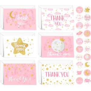 24 pieces stars thank you cards with envelopes and stickers for baby shower party supplies, gold foil thanks stickers starry delight thanks notes stars moon gratitude cards for party favors (pink)