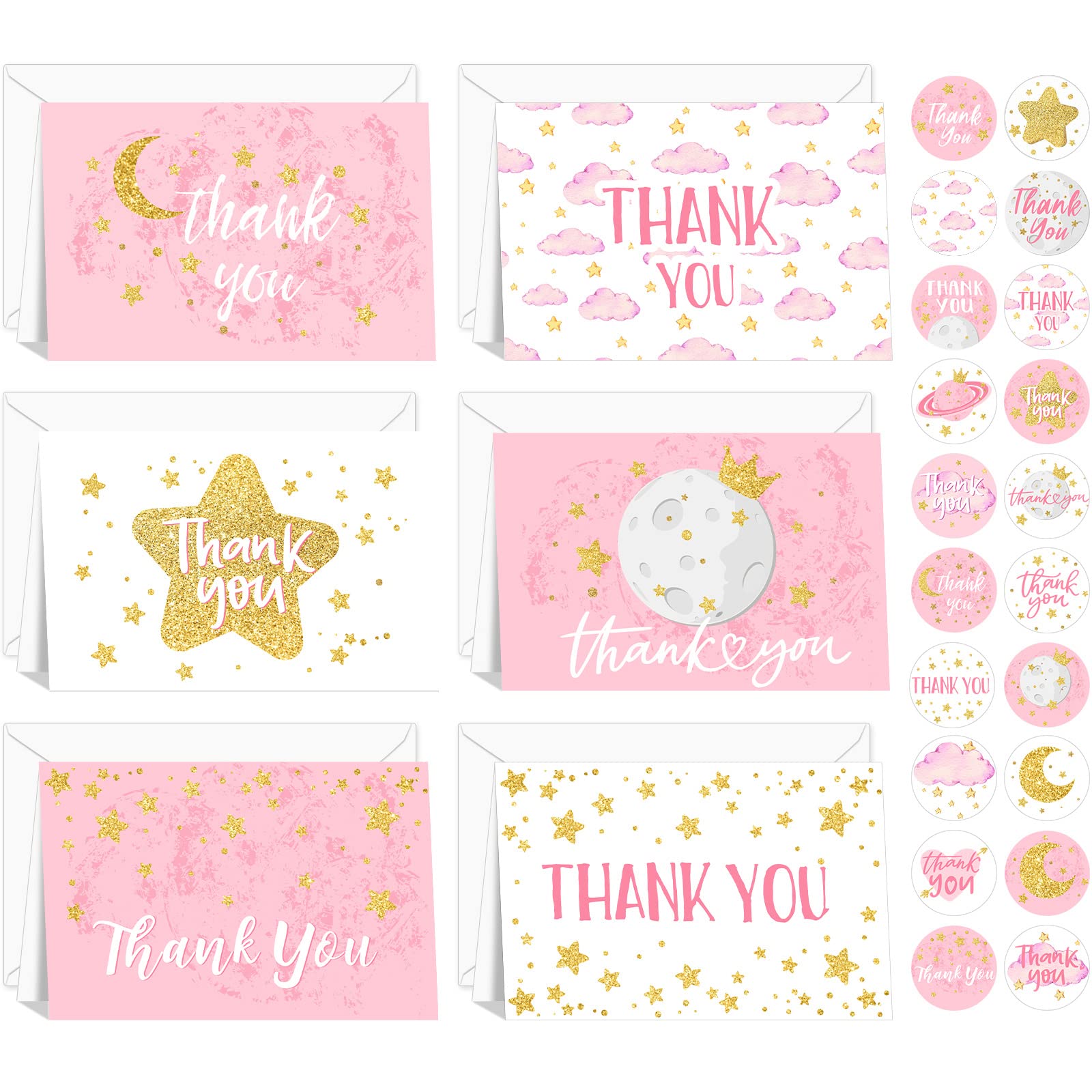 24 Pieces Stars Thank You Cards with Envelopes and Stickers for Baby Shower Party Supplies, Gold Foil Thanks Stickers Starry Delight Thanks Notes Stars Moon Gratitude Cards for Party Favors (Pink)