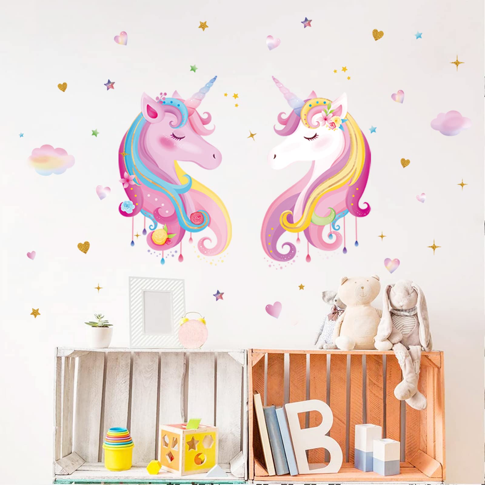 wondever Unicorn Wall Stickers Pink Animals Dot Heart Peel and Stick Wall Art Decals for Girls Birthday Party Baby Nursery