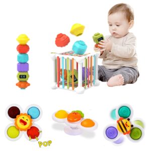 montessori toys for 1 2 year old boy girl, baby sensory bin shape sorter toys colorful cube, with 3 suction cup spinning top toys and bead maze, early learning toys for toddlers age 1-3 (12pcs)