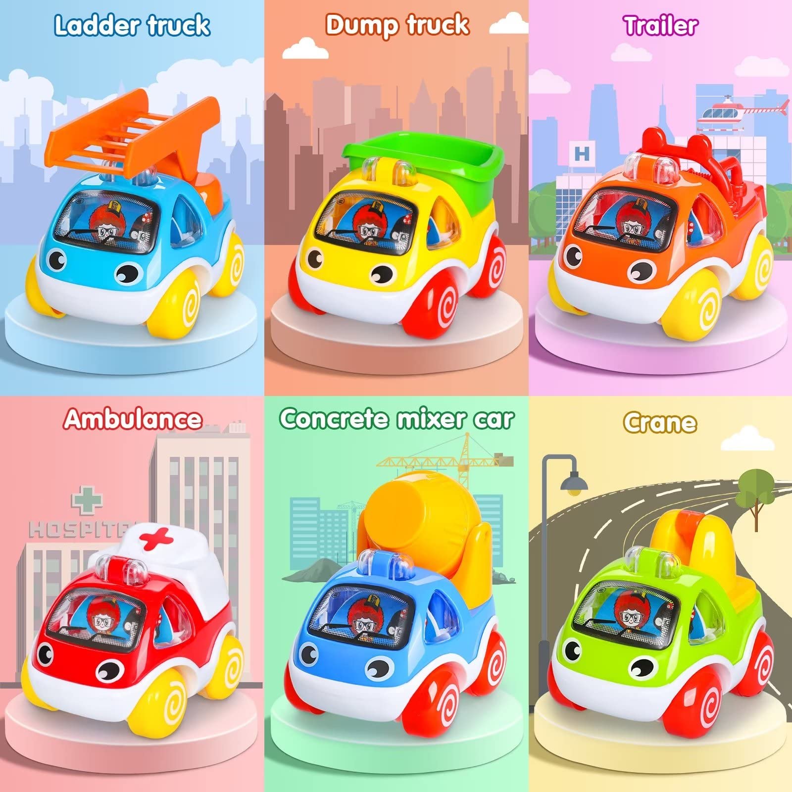 Palmatte Toy Cars for 1 Year Old Boy Gifts 6 Pack Pull Back Cars for Toddlers 1-3 Educational Baby Boy Toys for 12-18 Months Learning Car Toys for Toddlers 1-3 Best One Year Old Boy Birthday Gift