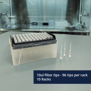 10ul Filtering Pipette Tips - Universal Filter Pipette Tips - Clear White, RNase, DNase, and DNA Free, Racked - 10 Racks, 96 Tips/Rack (10ul)