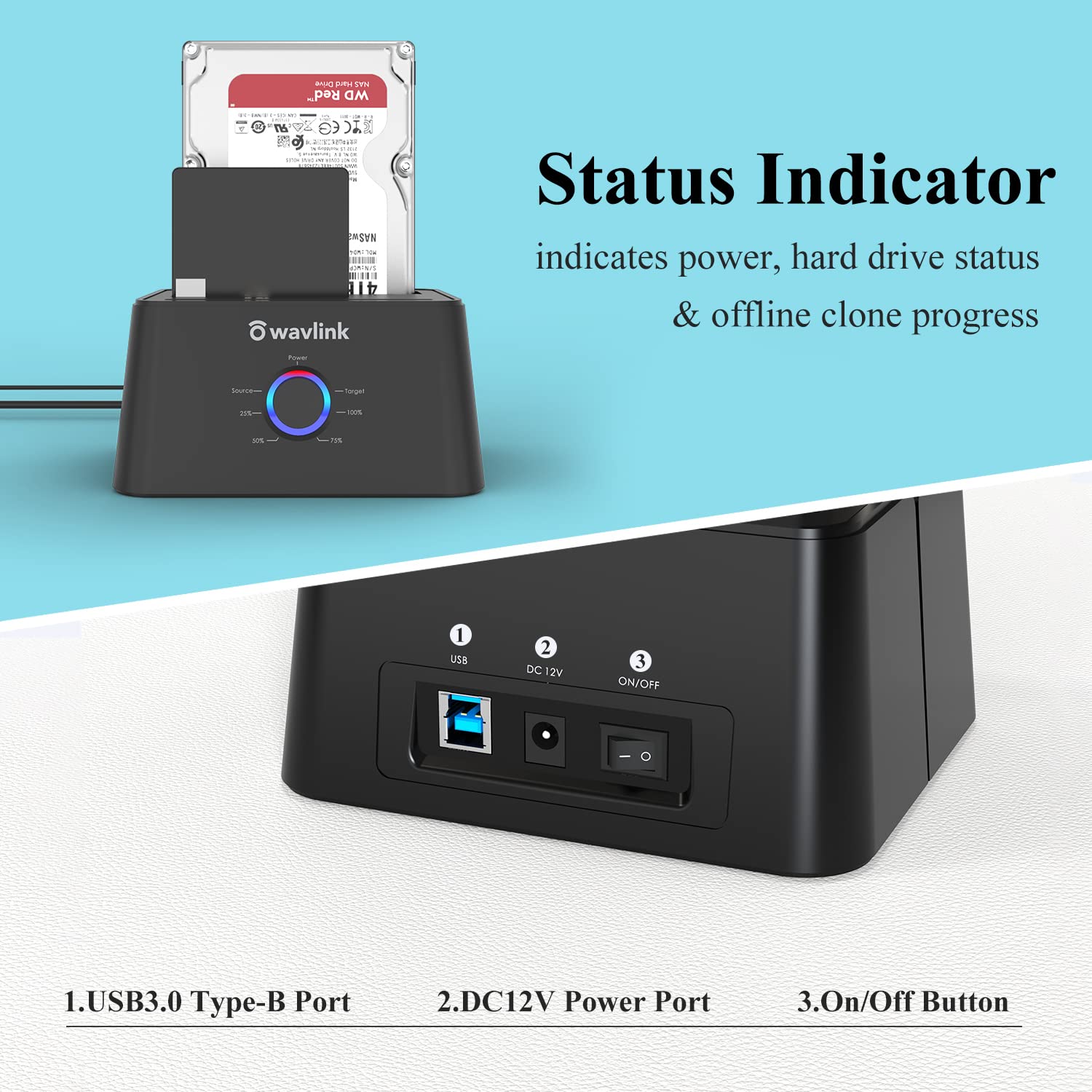 WAVLINK Dual Bay Hard Drive Docking Station, USB 3.0 to SATA Hard Drive Dock for 2.5/3.5 inch HDD/SSD with Offline Clone Function, USB A to USB C Converter, Support UASP and 2x16TB with Power Adapter