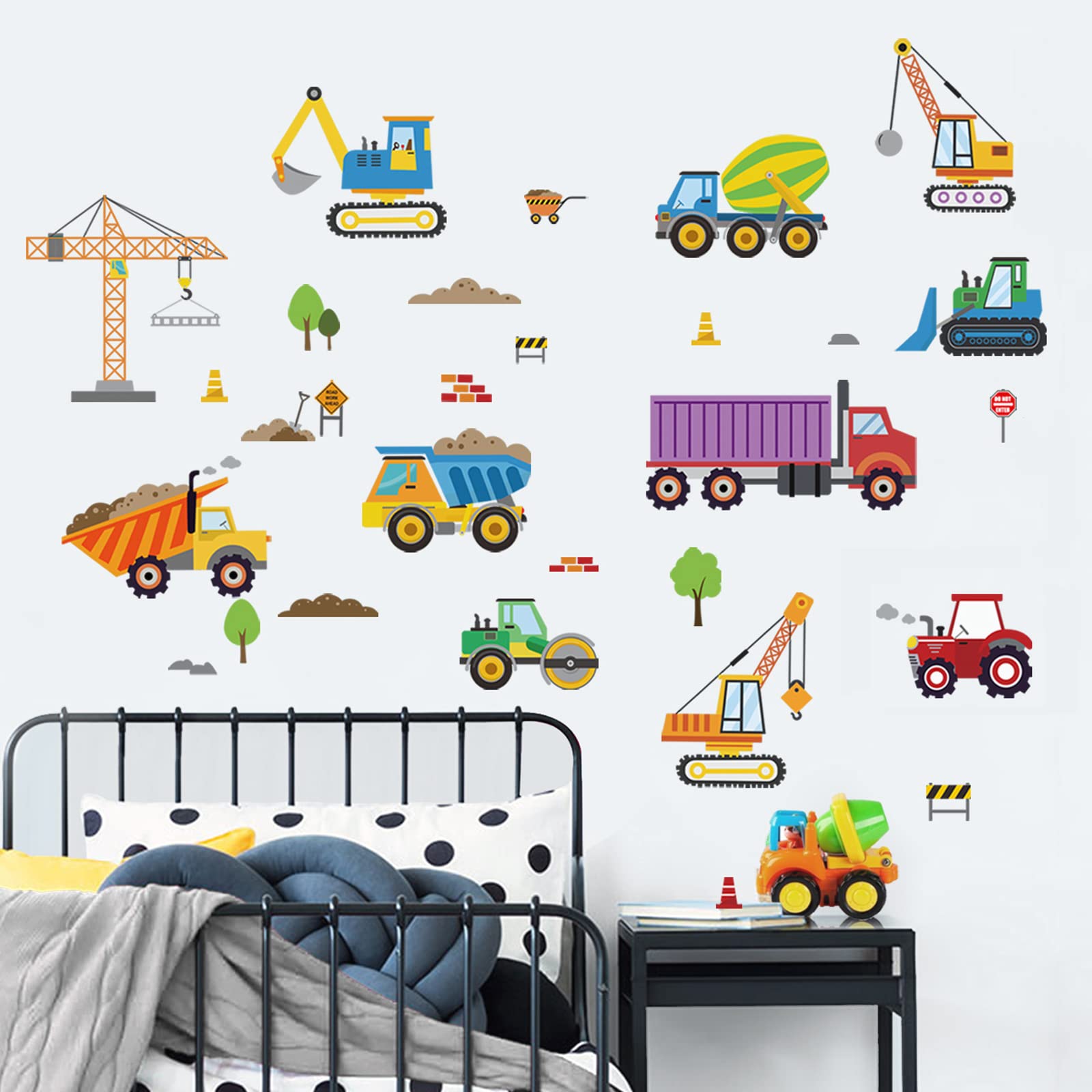 wondever Construction Vehicles Wall Stickers Engineering Cars Tractor Trucks Peel and Stick Wall Art Decals for Boys Bedroom Childrens Playroom