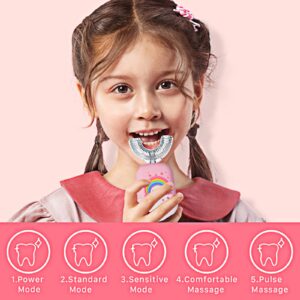 luckin smile Electric Toothbrush Kids, U Shaped Kids Electric Toothbrushes, Whole Mouth Toddler Toothbrush with 5 Ultrasonic Cleaning Modes, IPX7 Waterproof, 2-6 Year, Pink