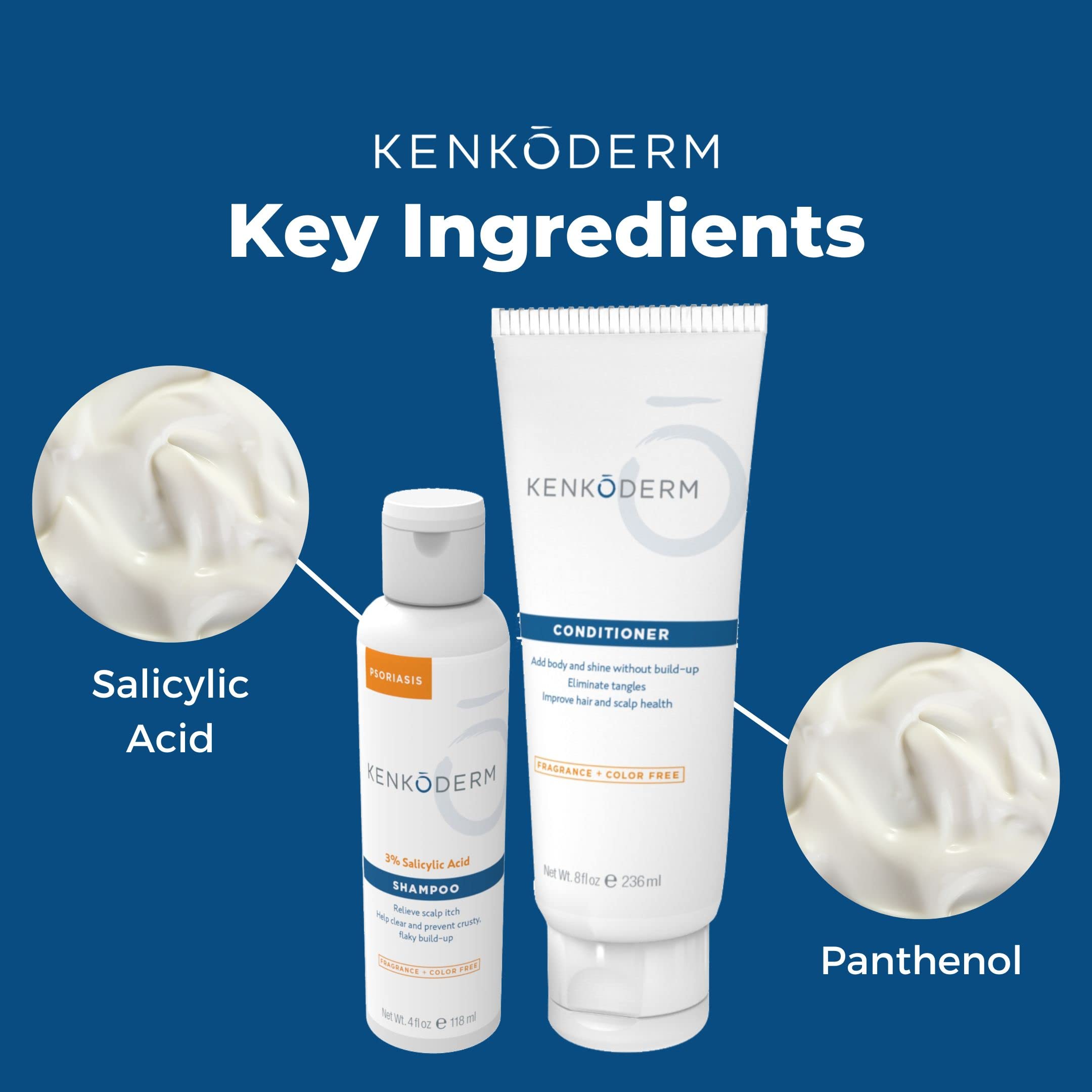 Kenkoderm Psoriasis Shampoo & Conditioner Bundle, Therapeutic Shampoo with 3% Salicylic Acid, 4 oz, Conditioner for Sensitive Hair & Skin, 8 oz. Dermatologist Developed, Fragrance & Color Free