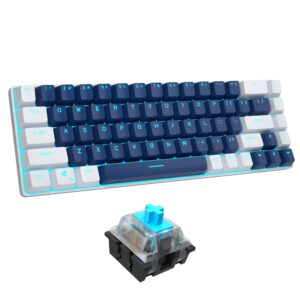 camiysn 60 percent mechanical keyboard, compact 68 keys anti-ghosting with blue switch, ice blue backlit, detachable type-c keyboard for pc gamer windows laptop mac, white & blue