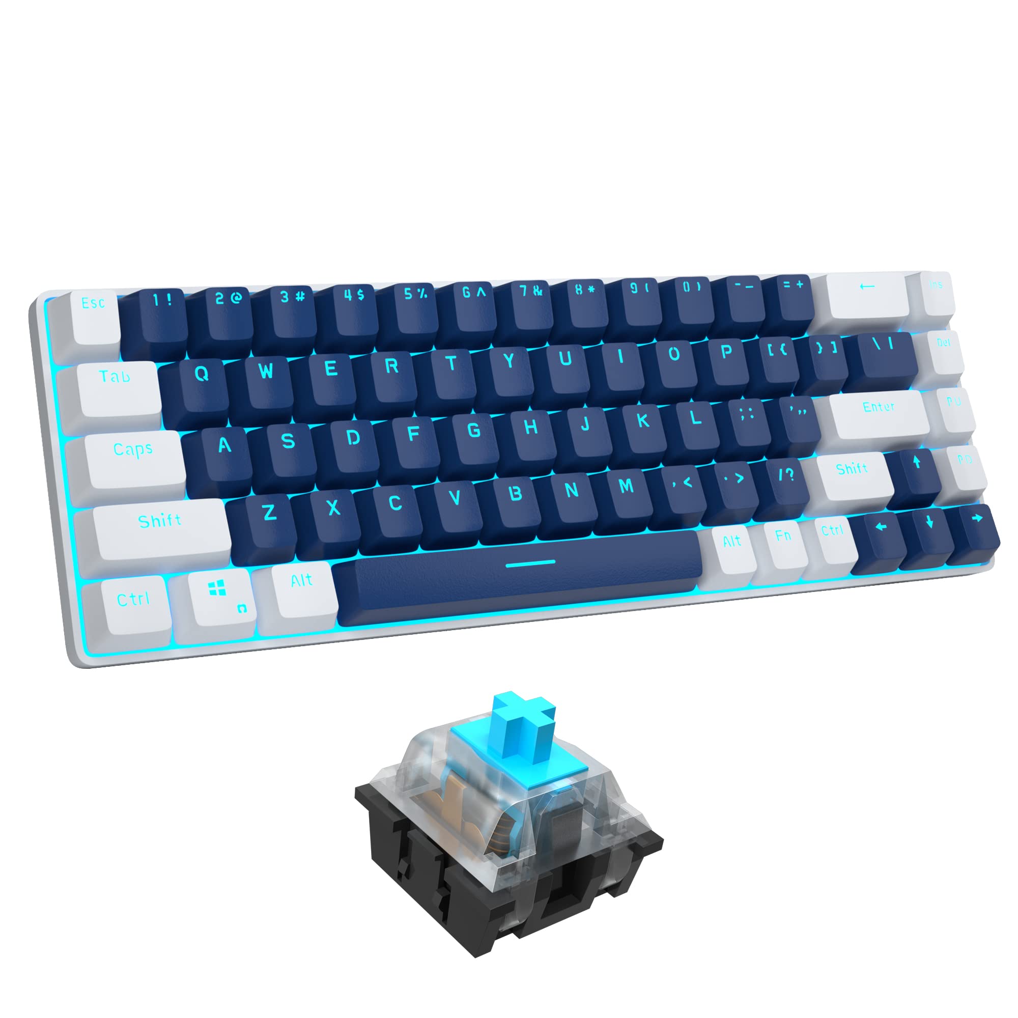 Camiysn 60 Percent Mechanical Keyboard, Compact 68 Keys Anti-ghosting with Blue Switch, Ice Blue Backlit, Detachable Type-C Keyboard for PC Gamer Windows Laptop Mac, White & Blue