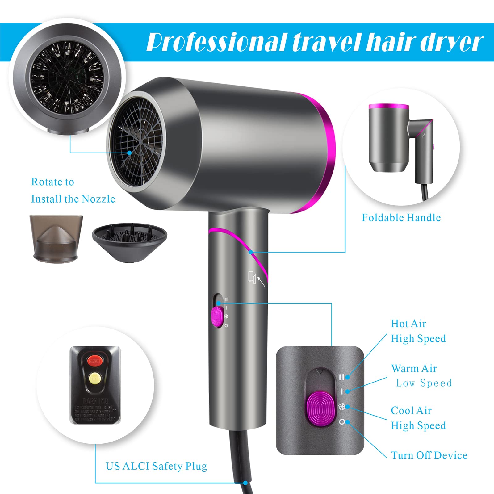 RUCHA Diffuser Hair Dryer, 1600W Compact Travel Hair Dryer Folding Handle, Ionic Blow Dryer Mini Reduce Frizz Without Damaging Hair