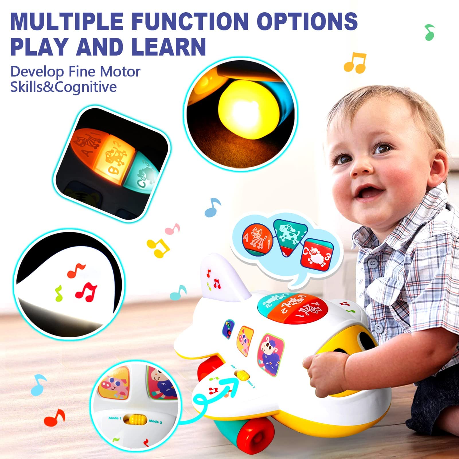 JJKIMAG Baby Toys 6 to12 Months Musical Airplane Crawling Infant Toys with Lights/Universal Moving Educational Toys for 12-18 Month Birthday Toddler Toys for 1 2 3 Year Old Boys Girls, Medium (y123)