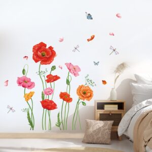 wondever summer red poppy flowers wall stickers floral peel and stick wall art decals for baby nursery girls bedroom