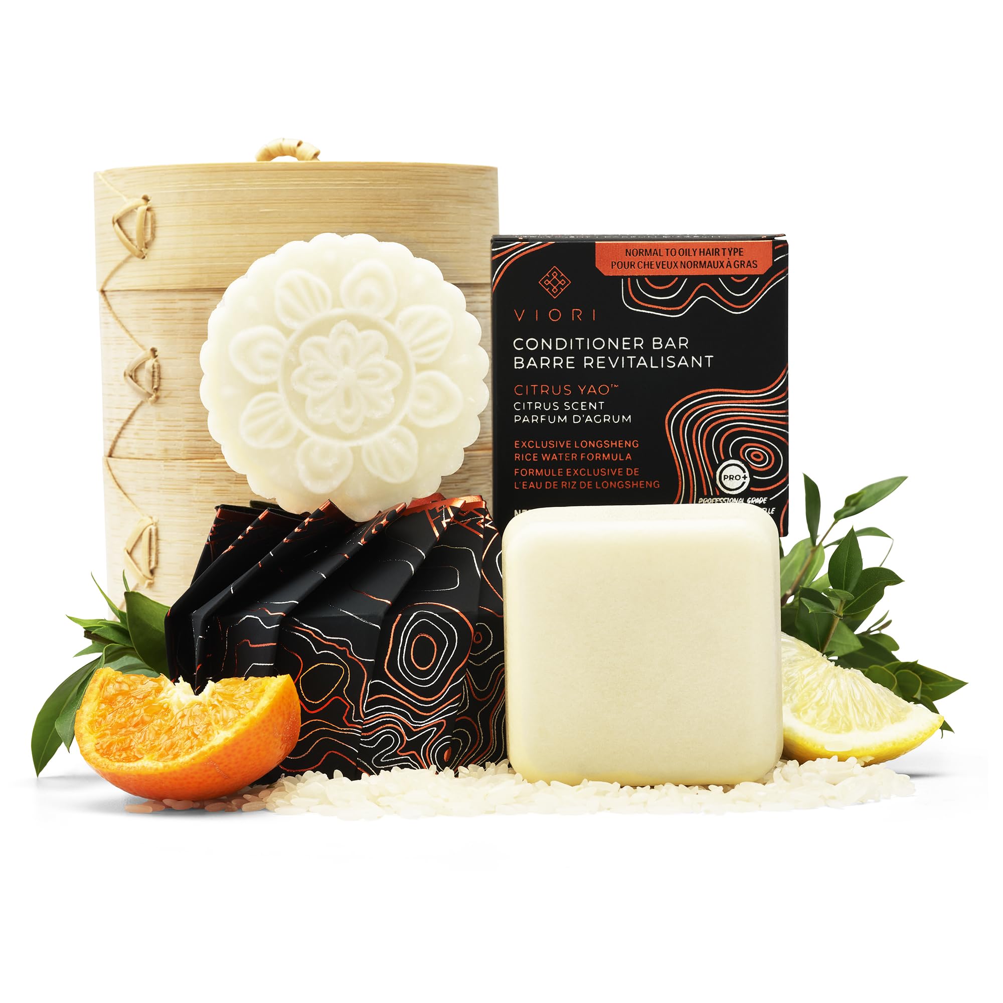 Viori The Foundation Bundle - Citrus Yao Shampoo and Conditioner Set with Bamboo Holder - Rice Water Shampoo Bar and Conditioner Bar - Sulfate-Free, Vegan and Organic - Best for Normal to Oily Hair