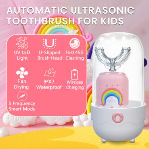 luckin smile Electric Toothbrush Kids, U Shaped Kids Electric Toothbrushes, Whole Mouth Toddler Toothbrush with 5 Ultrasonic Cleaning Modes, IPX7 Waterproof, 2-6 Year, Pink