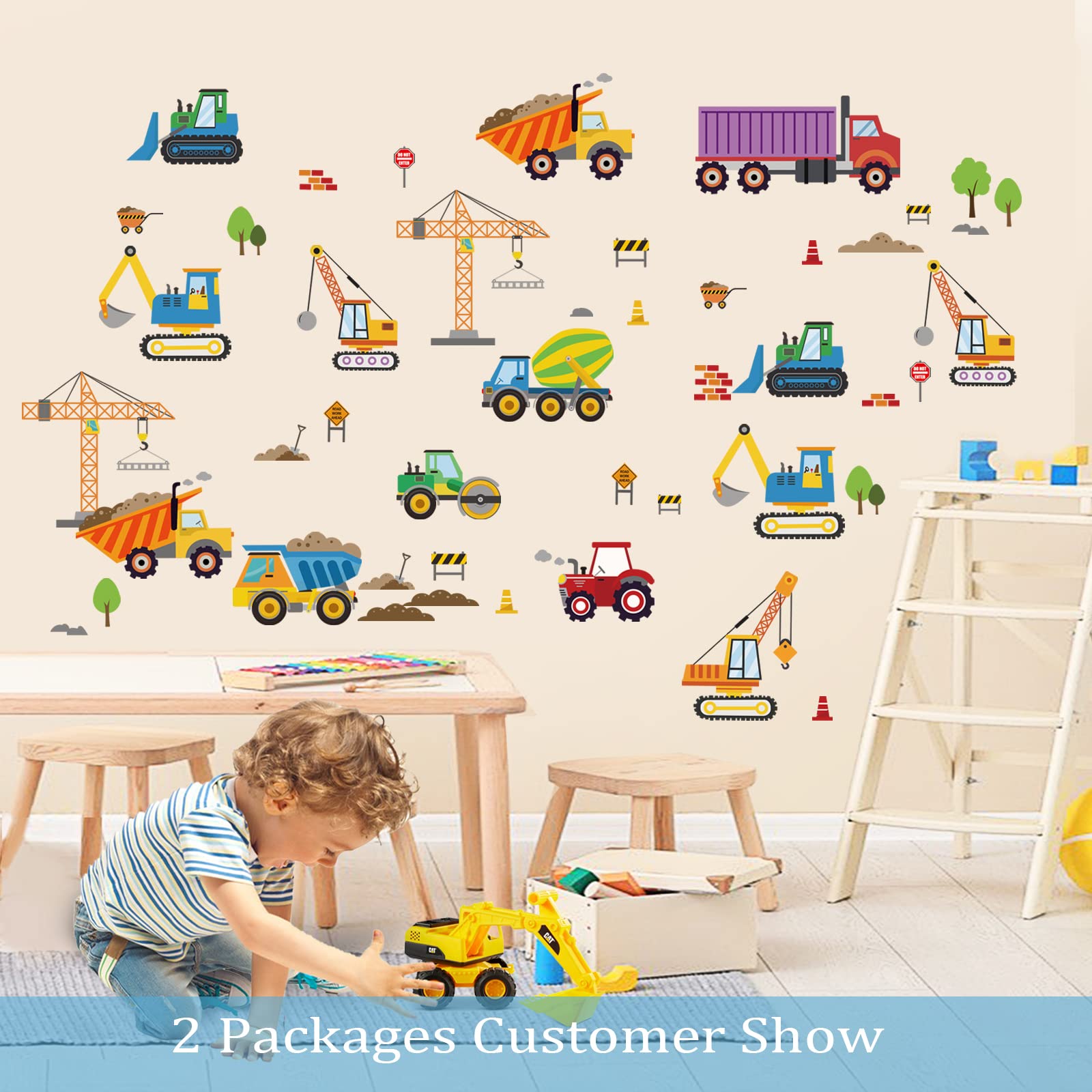 wondever Construction Vehicles Wall Stickers Engineering Cars Tractor Trucks Peel and Stick Wall Art Decals for Boys Bedroom Childrens Playroom