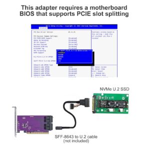 PCIe to SFF-8643 Adapter for U.2 SSD, X16, (4) SFF-8643，Requires Motherboard BIOS Support for Bifurcation. Support Windows 10/2016/2019, REHL/Cent0S 7/8, VMware ESXi 6/7, Ubuntu Linux 18/20/21, etc.