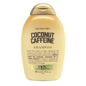 ogx anti-hair fall + coconut caffeine strengthening shampoo with caffeine, coconut oil & coffee extract, 13 fl oz