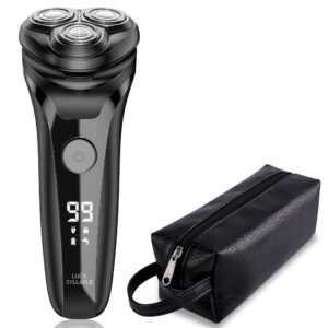 men's electric shaver, rechargeable rotary razor with pop-up sideburn trimmer and lcd power indicator, fast charging, compact wet and dry shaver