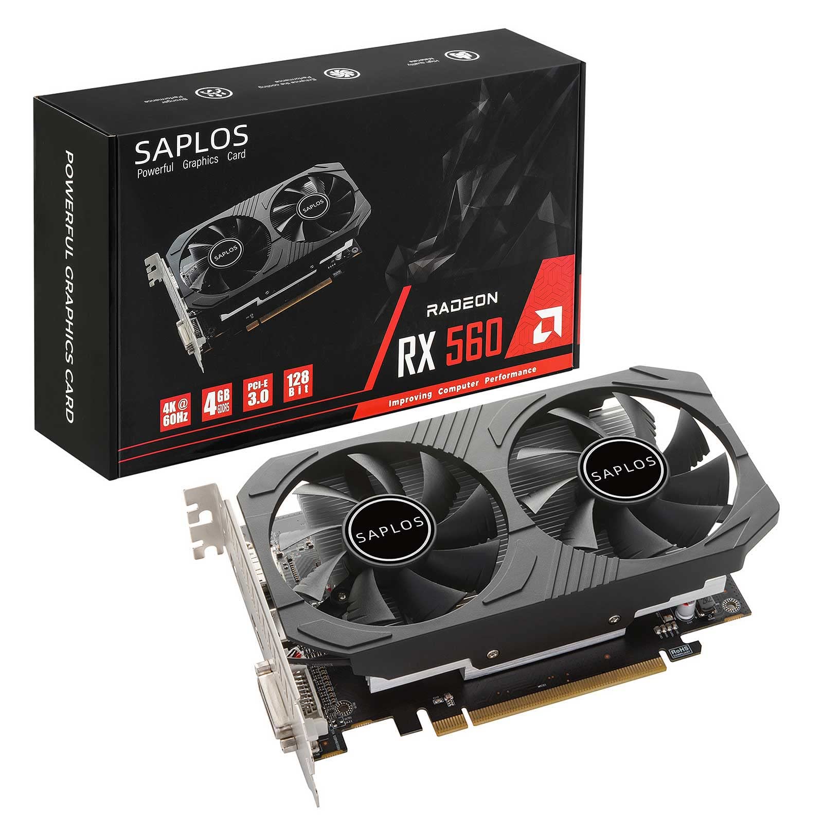 SAPLOS Radeon RX 560 4GB GDDR5 128-bit, HDMI DisplayPort DVI-D, Graphics Card for PC, Dual Air Cooling, Computer GPU Video Card Gaming, DirectX 12