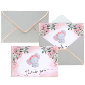 heavy duty baby shower cards girl - 36 pk - elephant cute thank you cards with envelopes birthday thank you notes pink floral watercolor baby girls