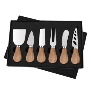 6 piece cheese knives set with wooden handle,mini steel stainless cheese knife set for charcuterie and cheese spread, perfect for cheese slicer and butter cutter